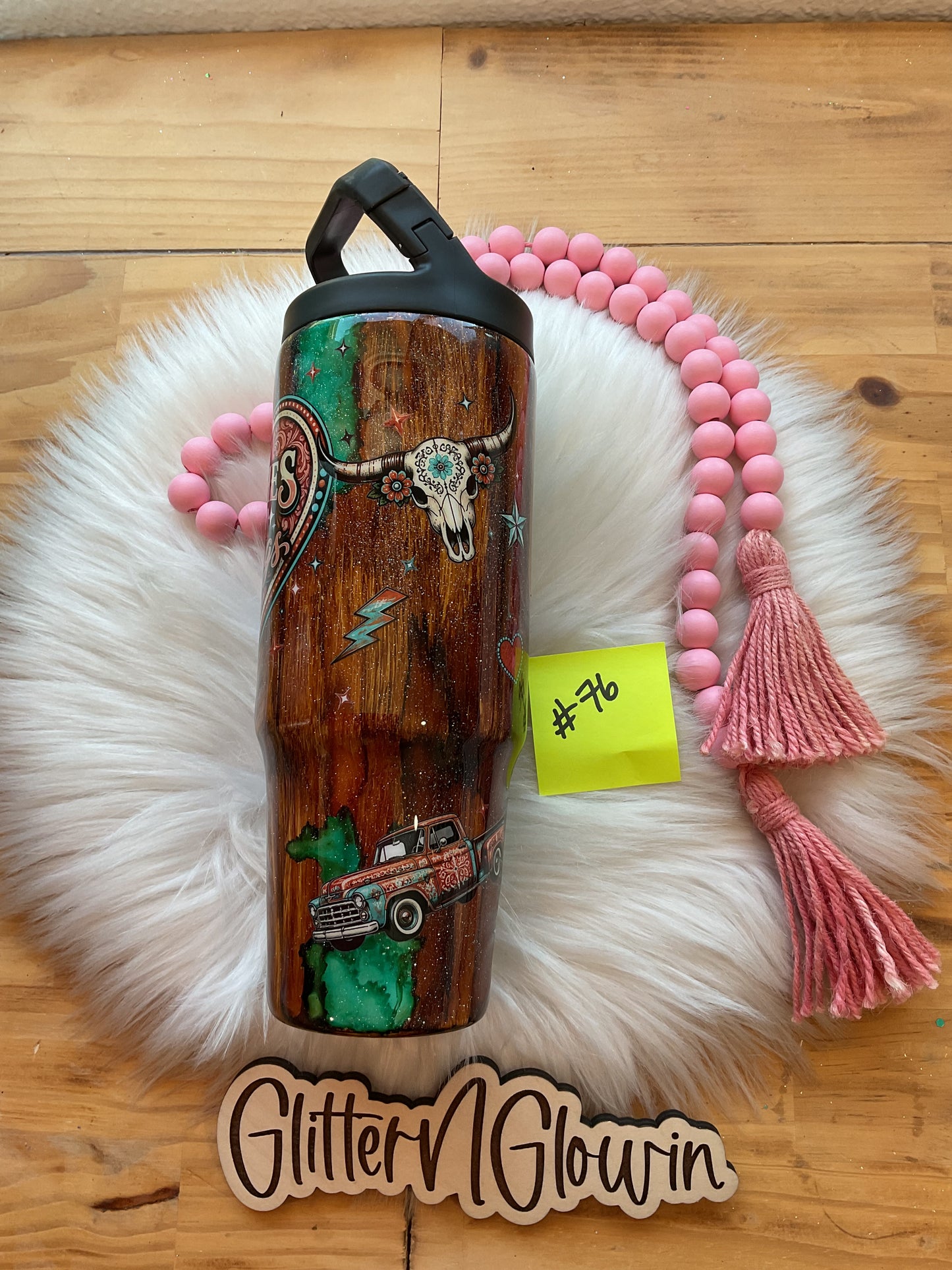 76. 30 oz Clipmate – Woodgrain w/ decal – teal peekaboo – Glitter N Glowin