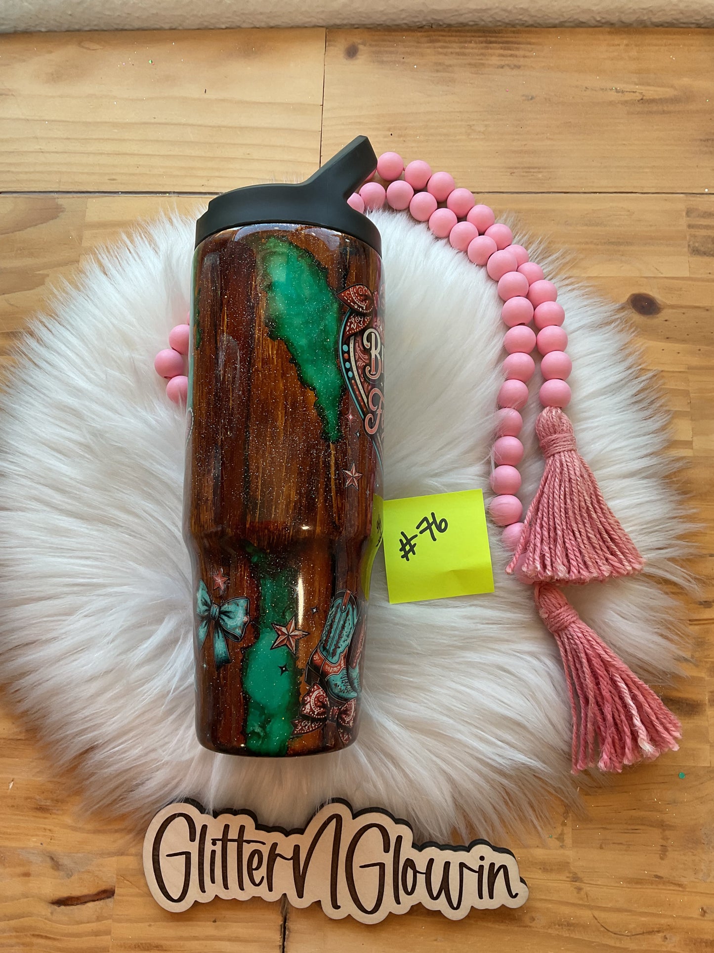 76. 30 oz Clipmate – Woodgrain w/ decal – teal peekaboo – Glitter N Glowin