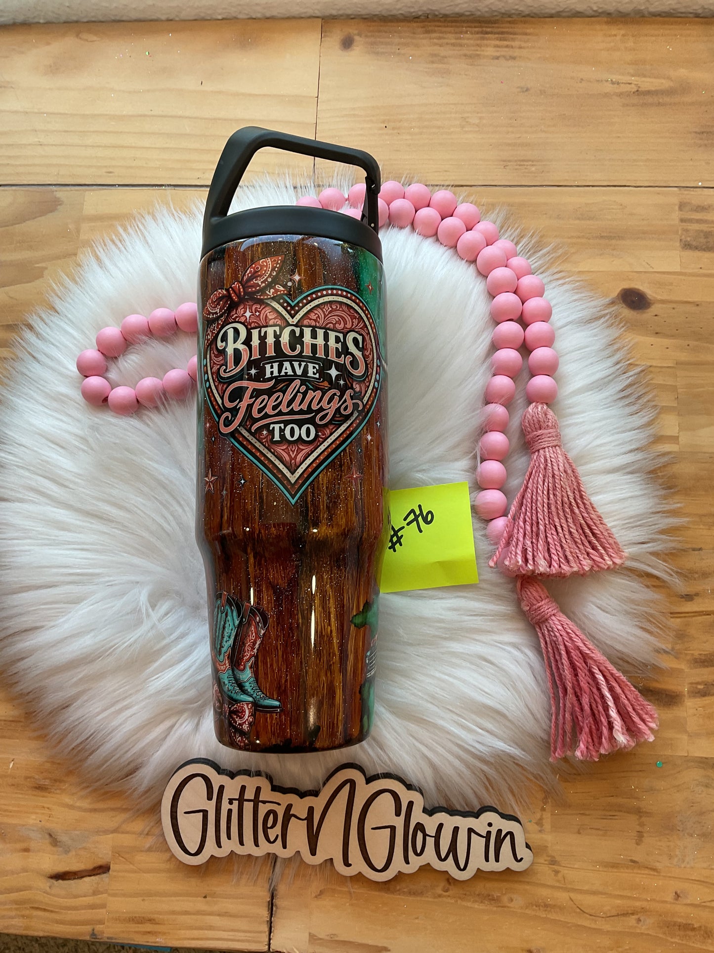 76. 30 oz Clipmate – Woodgrain w/ decal – teal peekaboo – Glitter N Glowin